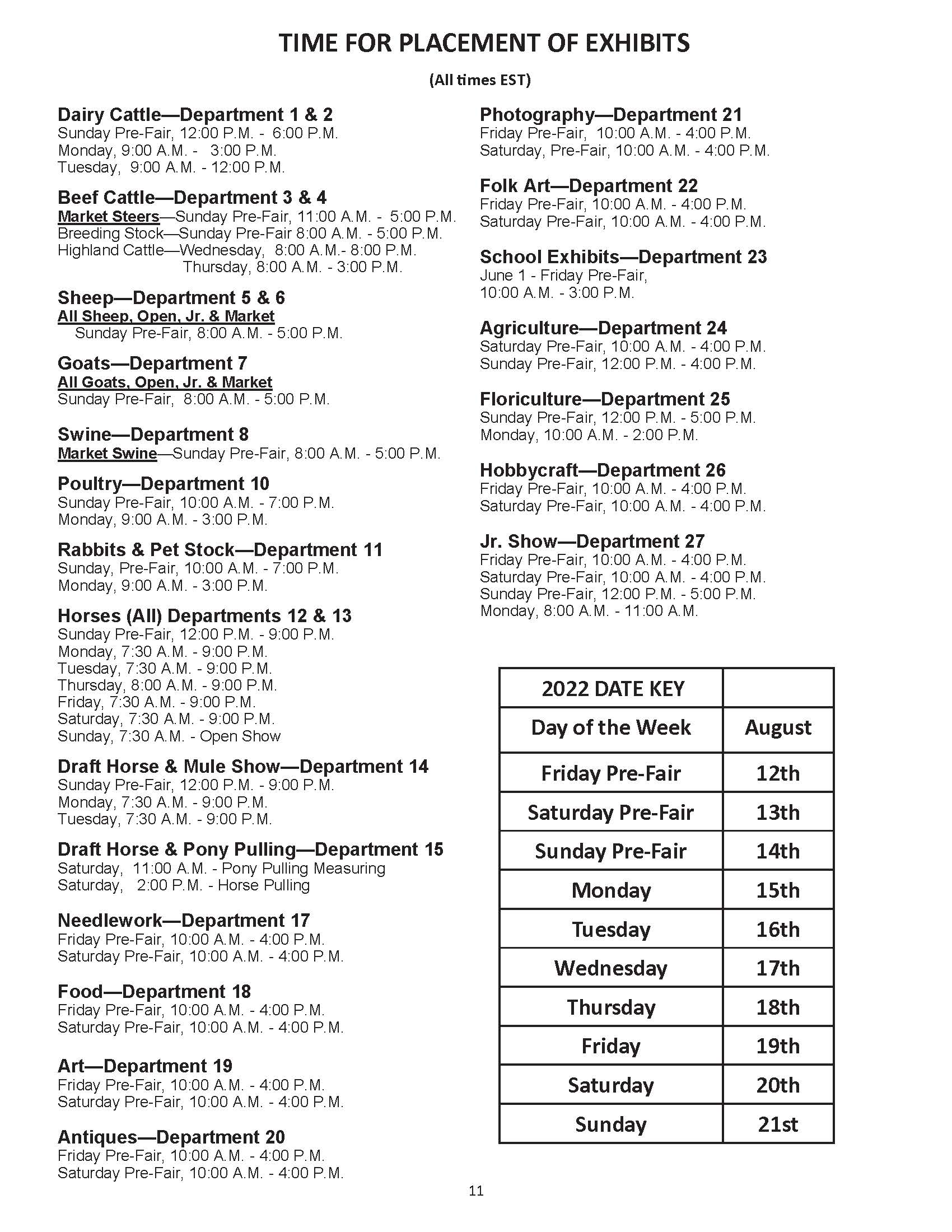2019 Entry Placement Schedule UP State Fair
